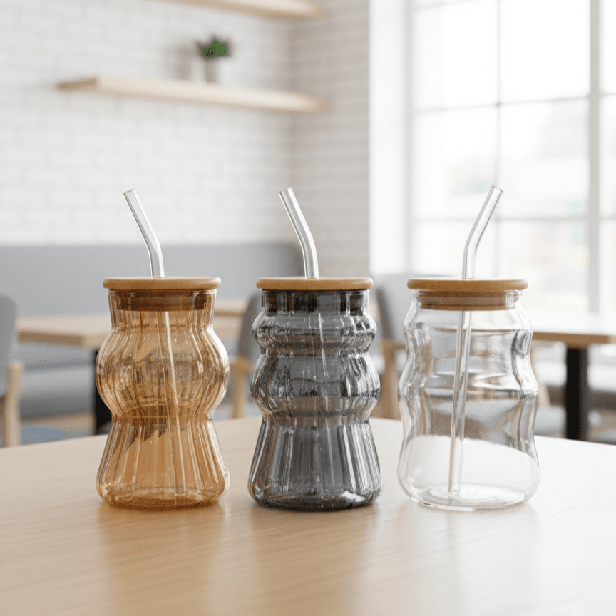 Glass Drinking Jars with Bamboo Lid and Straw – 3 Color – GharMart